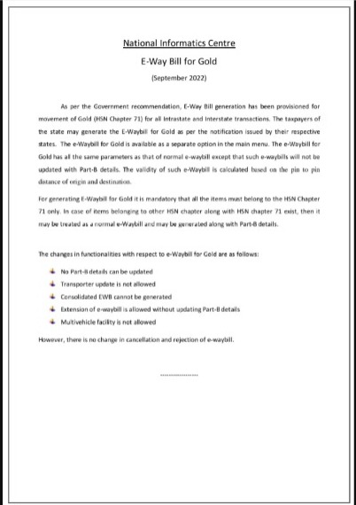 NIC issued Update on E-Way Bill generation for movement of Gold - WhyTax